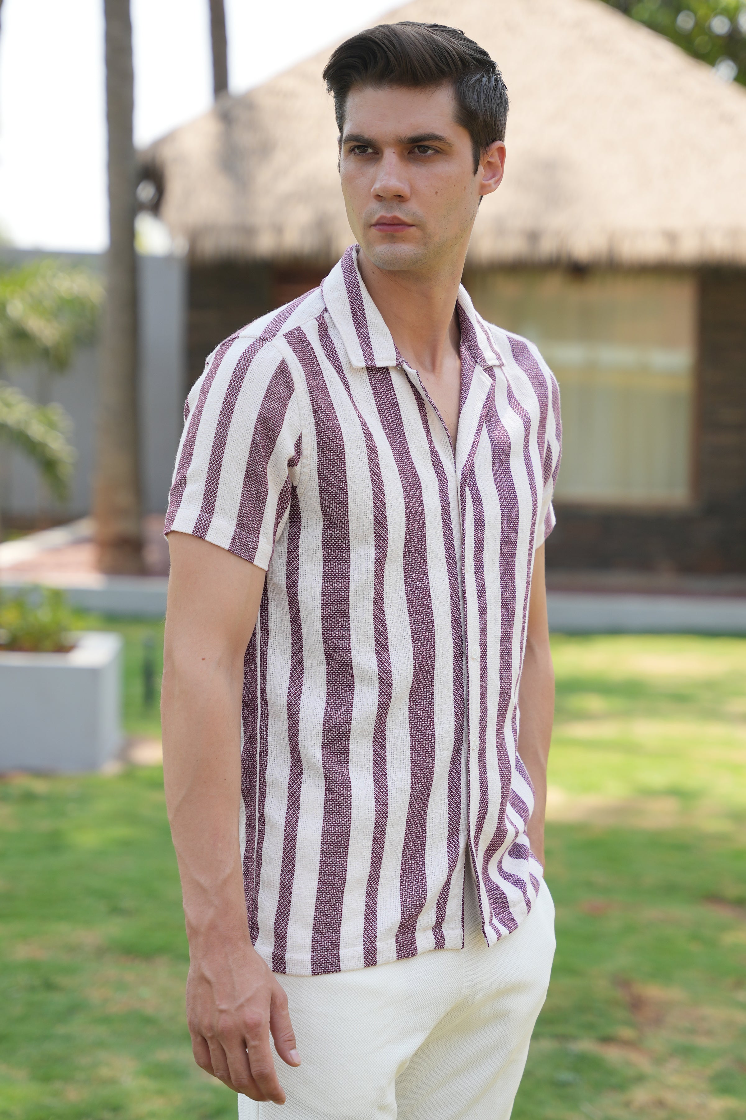 Dio - Dobby Striped Shirt - Maroon – POE.NET