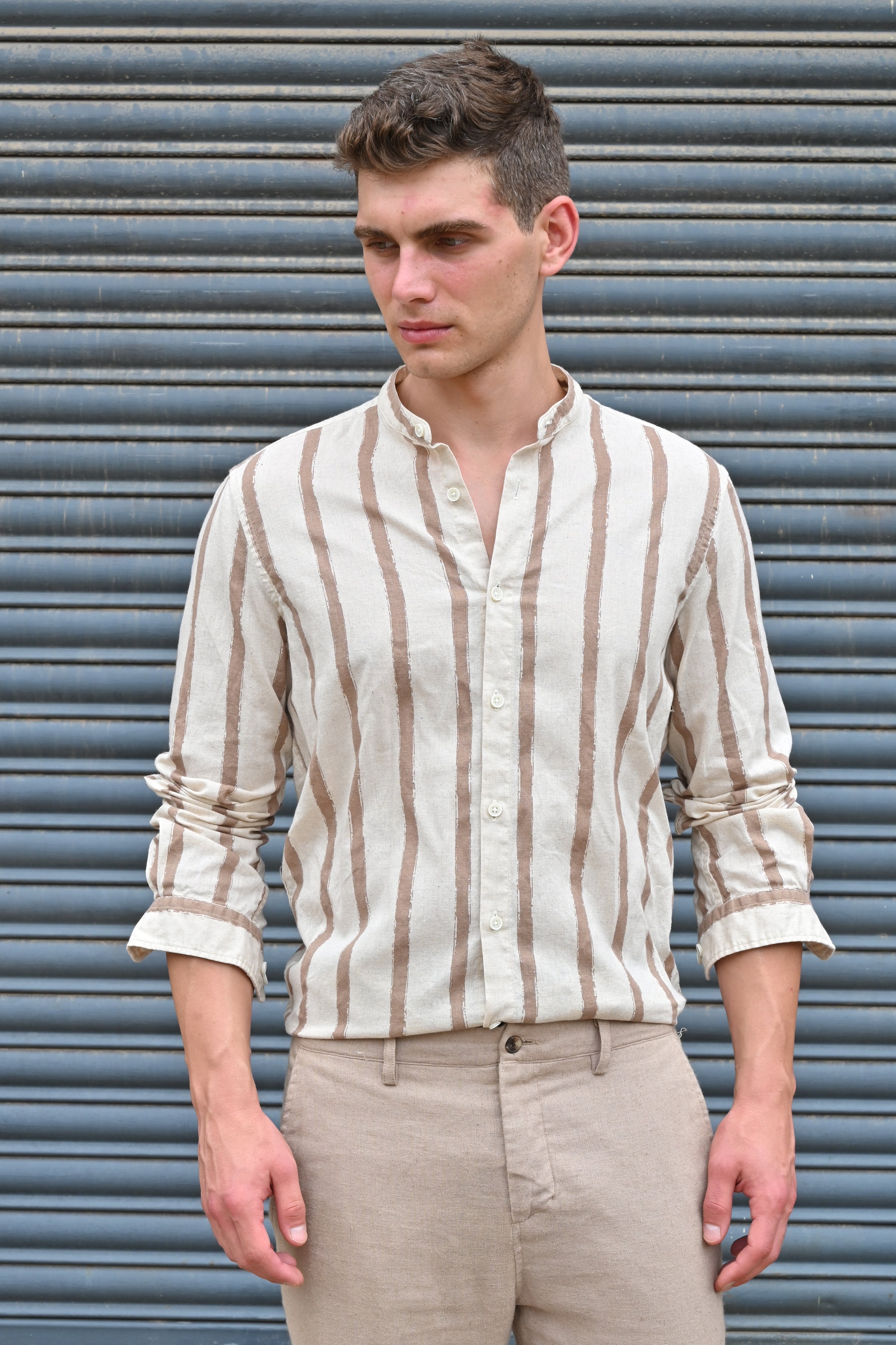 Billie - Striped Shirt With Mao Collar - Brown – POE.NET
