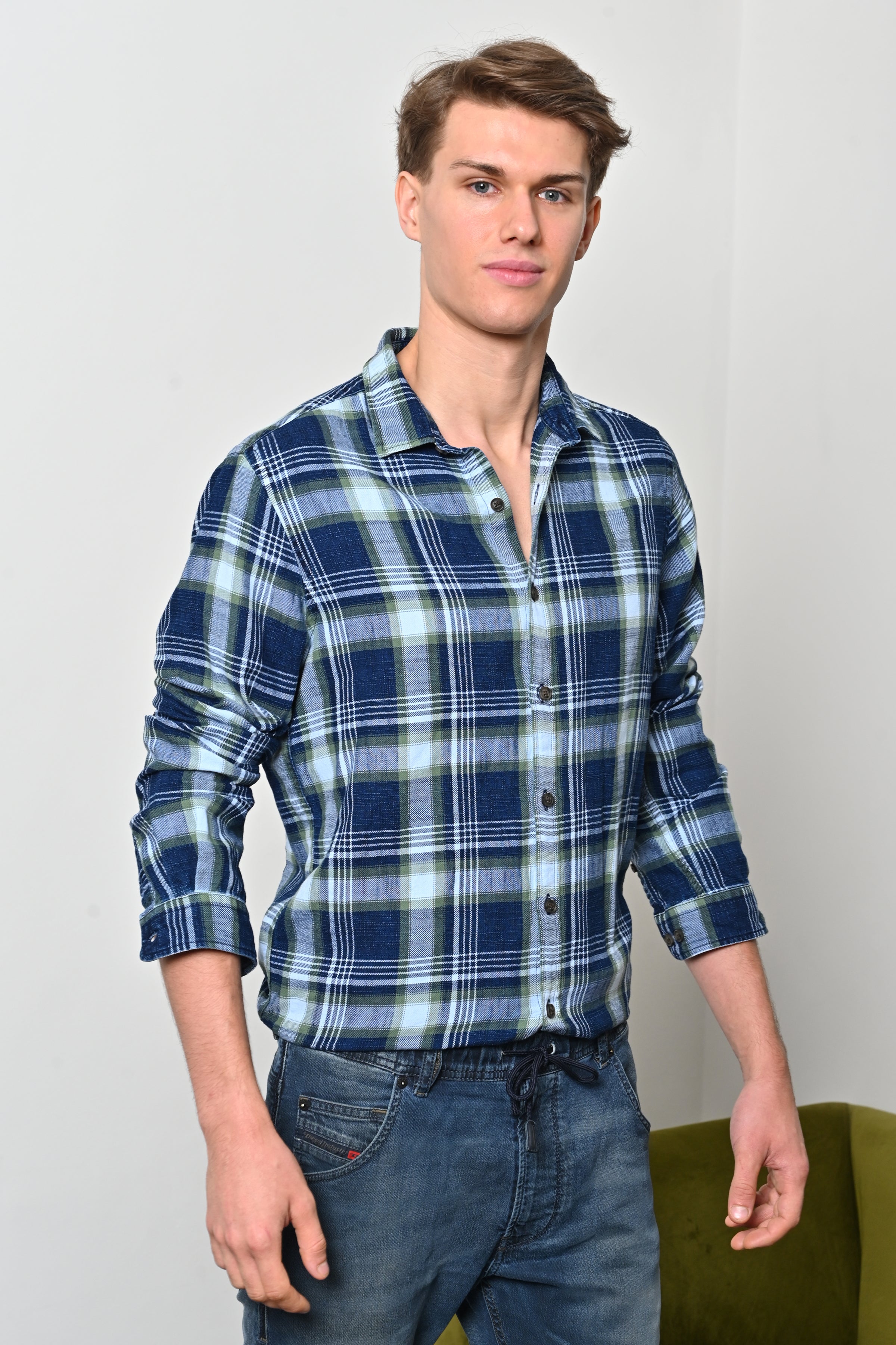 Yannick - Indigo Cotton Check Shirt - Green – POE.NET