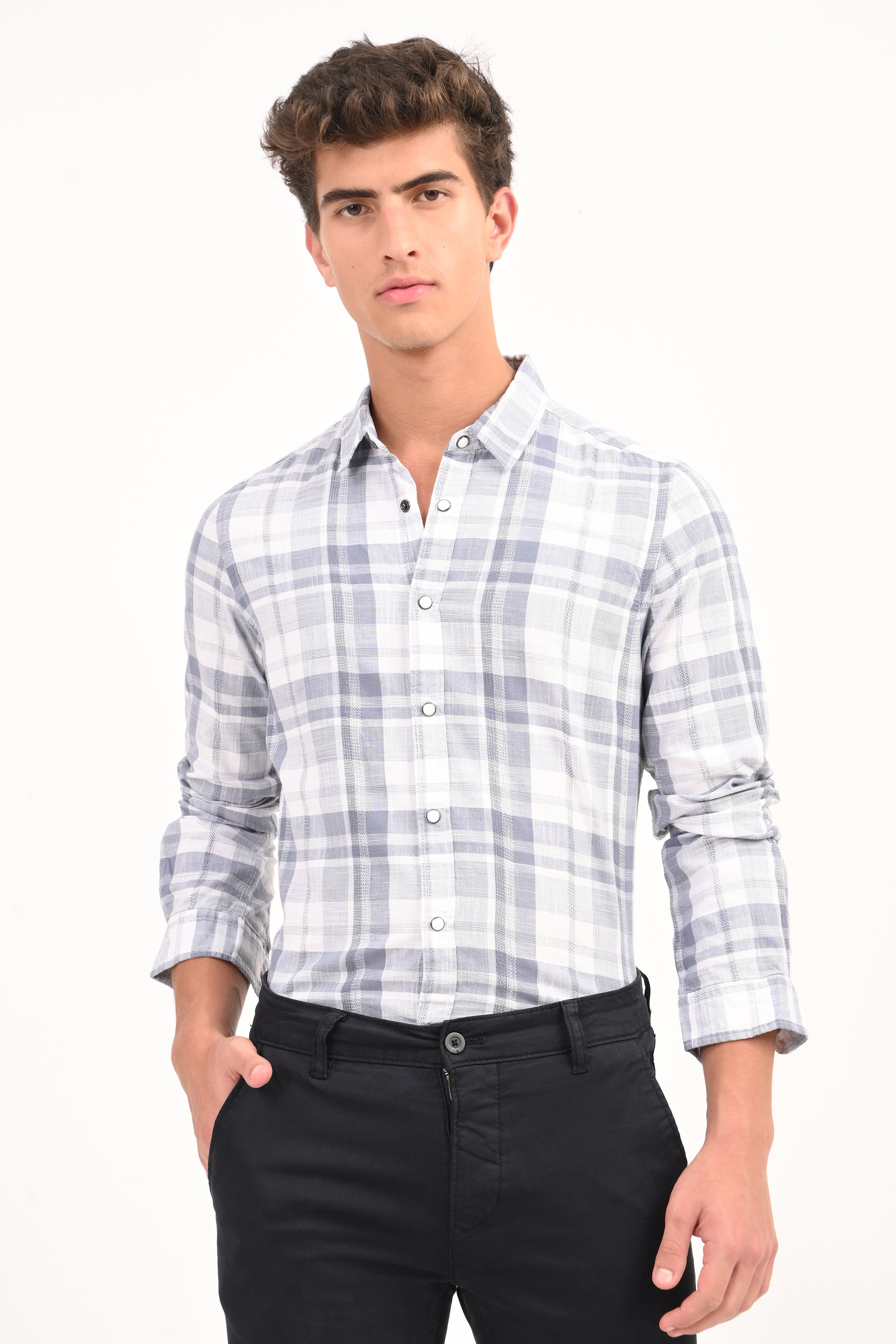 Arlene - Cotton Dobby Western Check Shirt - Blue – POE.NET